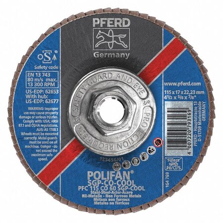 Pferd 4-1/2" x 5/8-11 Thd. POLIFAN® Flap Disc - CO-COOL SG STEELOX, Ceramic oxide, 60 Grit ...