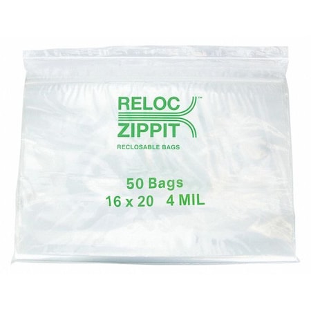 Reloc Zippit Clear Reclosable Bags, 4mil, 16"x20", PK250, 20 L, 16 W ...