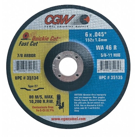 Cgw Abrasives CutOff Whl, 6x0.045x7/8, T27, WA46-R 35134 | Zoro