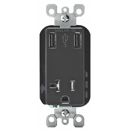 Leviton USB Charge Recp, 20A, 125V, 2.1A@5VDC, Black T5830-E | Zoro