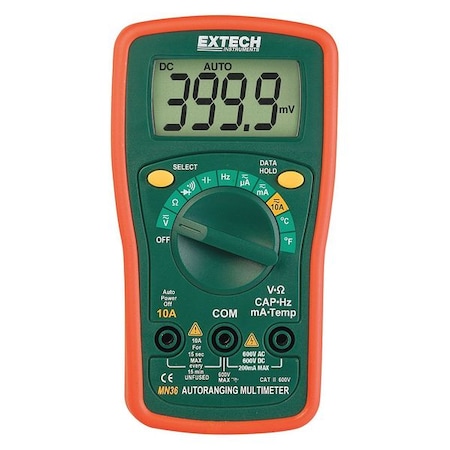 Extech Digital Multimeter, 600 V Max DC, 0.1 V Max AC, Average, 3,999 ...