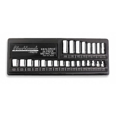 BLACKHAWK BY PROTO 3/8" Socket Set, Metric, 24 Piece, Full Polish - 8924MNB
