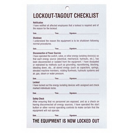 Prinzing Lockout/Tagout Checklist, PK 50 11907-6 | Zoro