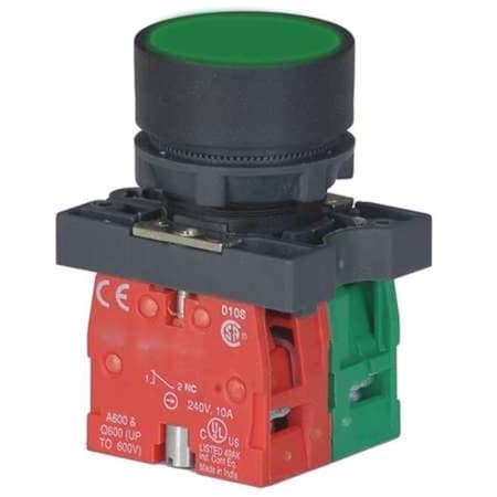Dayton Flush Push Button Operator, 22 mm, 1NO/1NC, Green 30G233 | Zoro