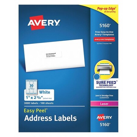 Avery Dennison Address Labels, Laser, 1"x2-5/8", Wt, PK3000 5160 | Zoro