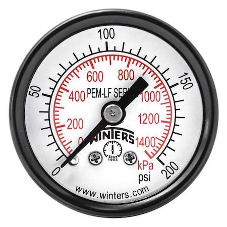 Winters Pressure Gauge, 0 to 200 psi psi, 1 1/2 in Dial, 1/8 in NPT ...
