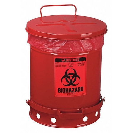 Justrite Biohazard Waste Can, Red, 10 gal. 05930R | Zoro