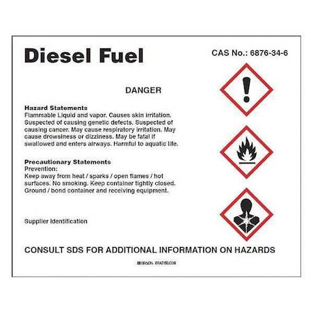 Brady 148003 $6.82 Sign, Diesel Fuel, Vinyl, 10in. H x 12in. W | Zoro.com