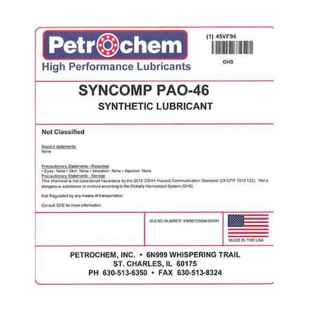 Petrochem Compressor Oil, 5gal, Pail, Polyalphaolefin SYNCOMP PAO-46 ...