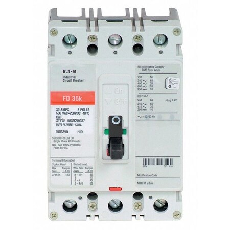EATON 30A, 3 pole Molded Case Circuit Breaker, FD, 600V AC, - FD3030