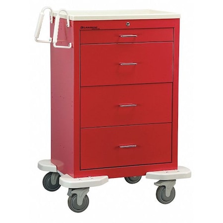 Lakeside Medical Cart, 4 Drawers w/Key Lock, Red Cabinet C-430-K-1R | Zoro