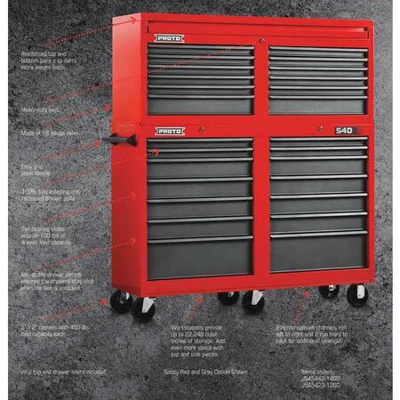 Proto 540S Rolling Tool Cabinet, 14 Drawer, Safety Red and Gray, Steel ...
