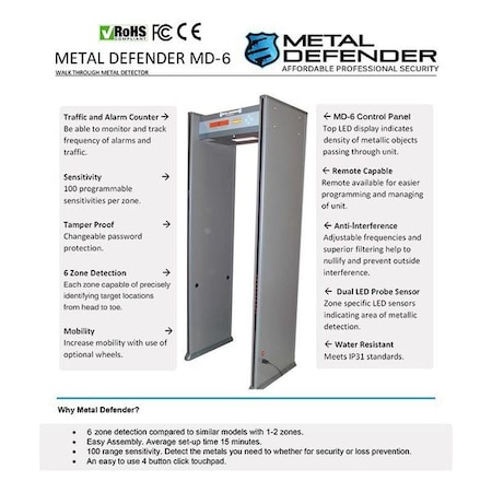Metal Defender Metal Detector, Walk-Through, 6 Zone MD-6 | Zoro
