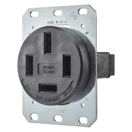 Bryant Straight Blade Receptacle, 18-60R, 60 A, 120/208V AC, 4 Pole, 4 ...