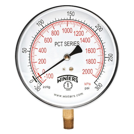 Winters Industrial Compound Gauge, 30 to 0 to 300 psi, 4 1/2 in Dial, 1/4 in NPT, Bottom ...