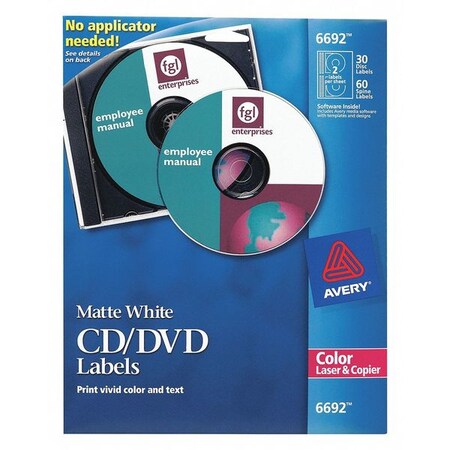 AVERY CD/DVD Labels, White,PK30 (6692) | Zoro