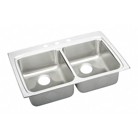Elkay Lustertone SS, Equal 2 Bowl Top Mnt Sink, Drop-In Mount, 3 Hole, Lustrous Satin ...