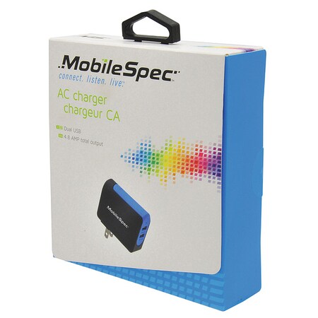 Mobilespec USB Wall Outlet Charger, Black/Blue MBS01202 | Zoro