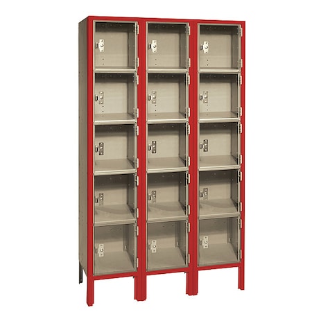 Lyon Box Locker, (3) Wide, (5) Tier, Steel, Red, Powder Coated Finish ...
