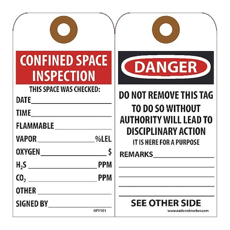 Nmc Danger Confined Space Inspection Tag, Pk25 RPT101G | Zoro
