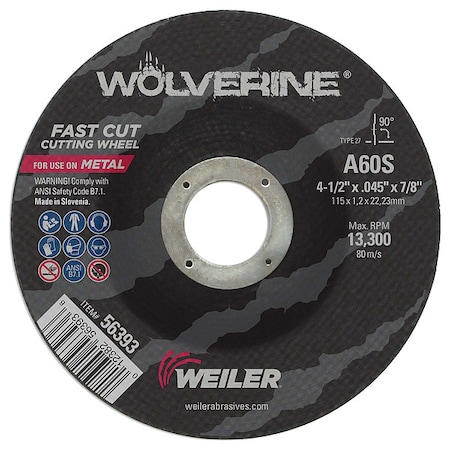 Weiler Cutting Wheel, Type 27, 4 1/2 in Dia, 0.045 in Thick, 7/8 in ...