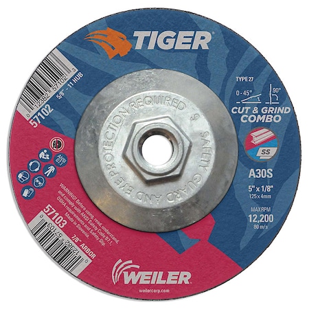 Tiger Combo Wheel, Type 27, 5 in Dia, 0.125 in Thick, 5/8 in-11 UNC Nut ...
