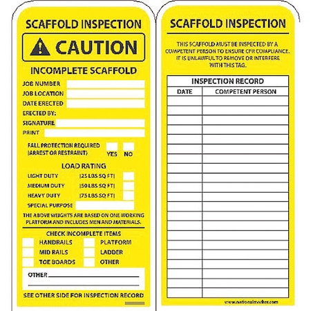 Nmc Incomplete Scaffold Tag, PK25, Unrippable Vinyl, 3-1/4 in Width, 7 ...