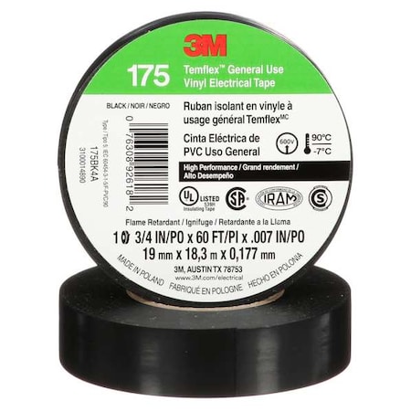 3M ElectricalTape, Vinyl, Black, 20ydL, 3/4inW 175BK4A | Zoro