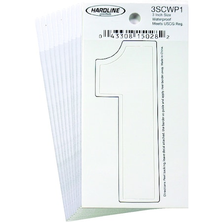 Hardline Products Number 1 Decal, 3" White Vinyl, PK10 3SCWP1 | Zoro