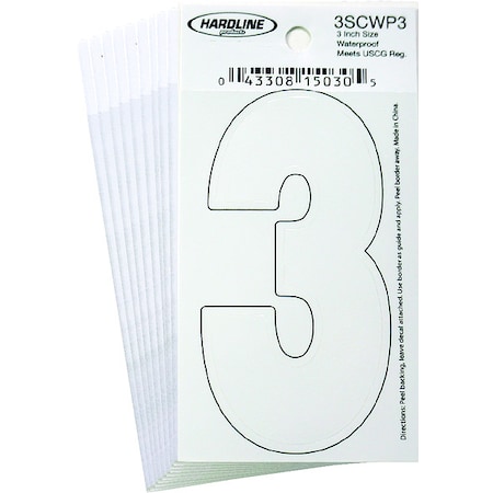Hardline Products Number 3 Decal, 3" White Vinyl, PK10 3SCWP3 | Zoro