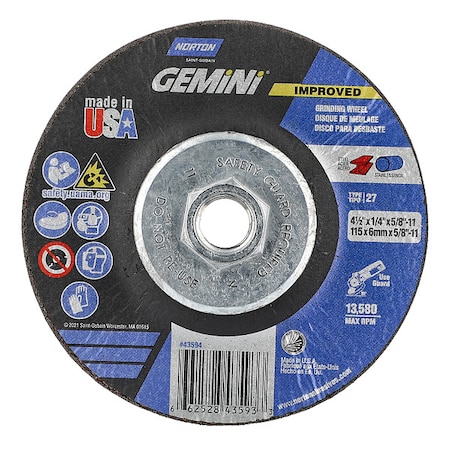 Norton Abrasives Depressed Center Grinding Wheel, Type 27, 4 1/2 in Dia ...