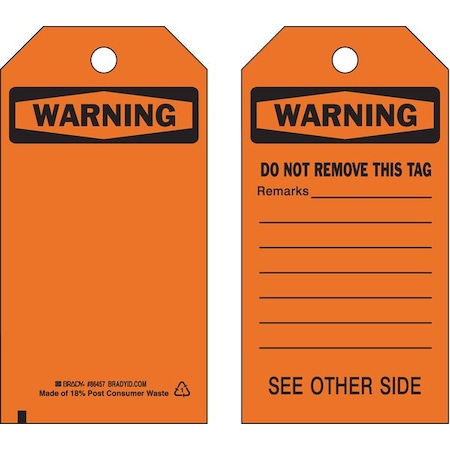 Brady Warning Tag, Warning Tags, Polyester, 5 3/4 in H x 3 in W, Black ...