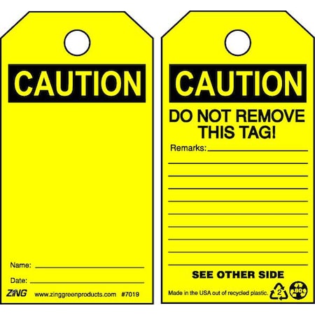 Zing Caution Tag, Caution, 5 3/4 in H x 3 in W, Yellow, Rectangle, 10 ...