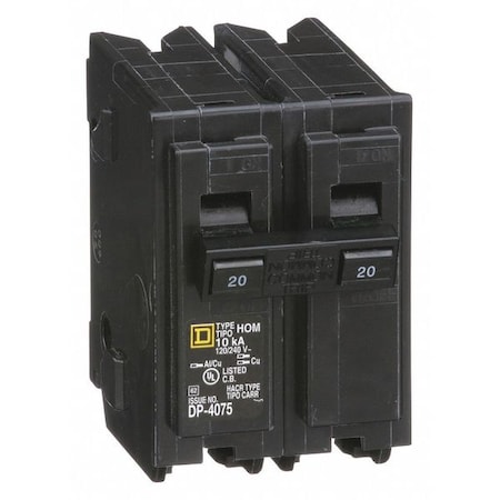 SQUARE D 20A, 2 pole Miniature Circuit Breaker, HOMELINE, 240V AC, - HOM220