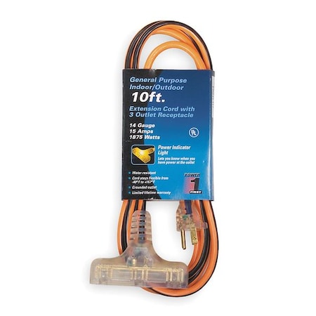 Zoro Select SJTW Outdoor Extension Cord, 14 AWG 3 Outlets, PVC, 5-15R ...