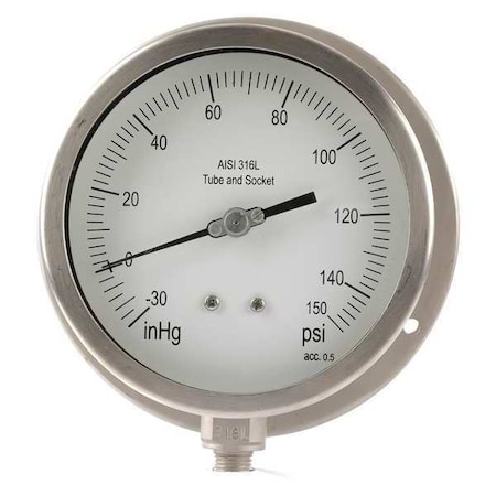 Zoro Select Compound Gauge, -30 to 0 to 150 in Hg/psi, 1/4 in MNPT, Aluminum, Silver 11A525 | Zoro