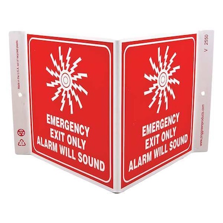 Zing Exit Sign, Plastic, 12" W, 7" H, Emergency Exit Only Alarm Will ...