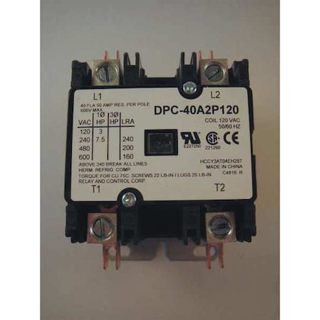 Relay And Control 120VAC Definite Purpose Contactor 2P 40A, Number of ...