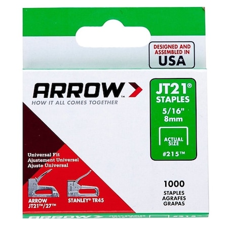 Arrow Fastener Staple, 7/16 in W Crown, 5/16 in L Leg, Steel, 0.03 ga ...
