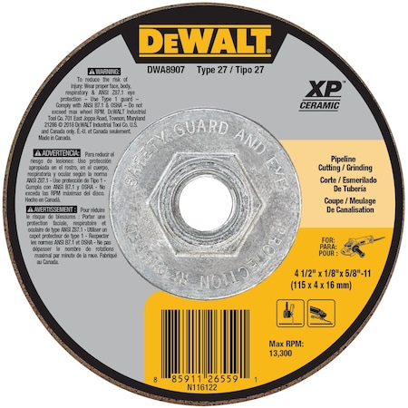 Dewalt Abrasive Cut-Off Wheel, Type 27, 4 1/2 in Dia, 0.125 in Thick, 5 ...