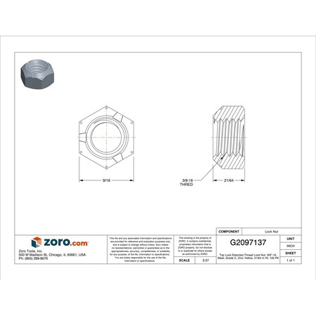 Zoro Select Top Lock Distorted Thread Lock Nut, 3/8"-16, Steel, Grade C ...