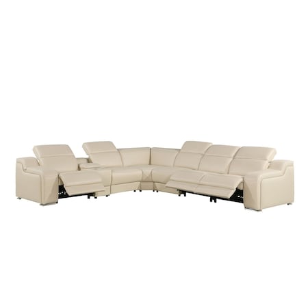 Homeroots Beige Italian Leather Power Reclining Curved Seven Piece ...
