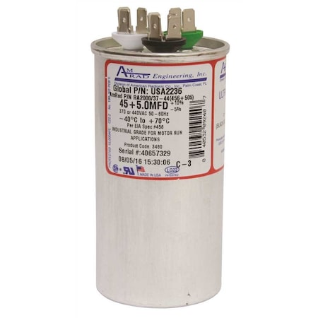 Amrad Engineering ROUND USA-MADE MOTOR RUN CAPACITOR, 45/5 MFD, 370/440 ...