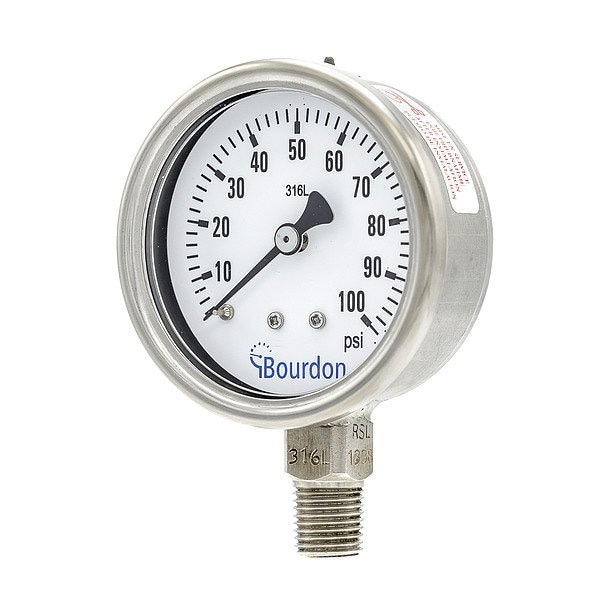 Bourdon Pressure Gauge, 0 to 100 psi, 2 1/2 in Dial, 1/4 in NPT, Bottom Location MEX3-D50.H21 ...