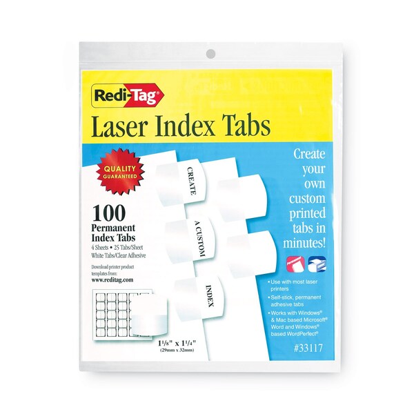 Redi-Tag Laser Printable Index Tabs, 1/5-Cut, 1.13in Wide, 100/Pack ...