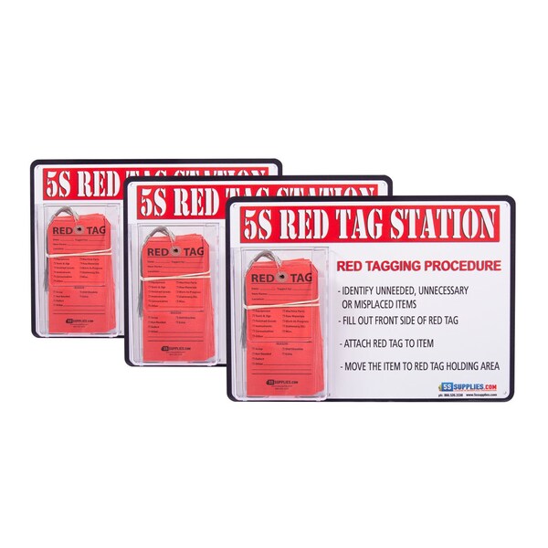 5S Supplies 11 in W, Red/White, Rectangle, 3 PK 5S-RDTAG-STN-3PACK | Zoro