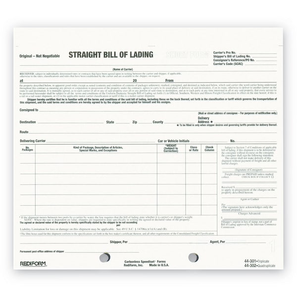 Rediform Snap-A-Way Bill Of Lading, Short Form, Three-Part Carbonless ...