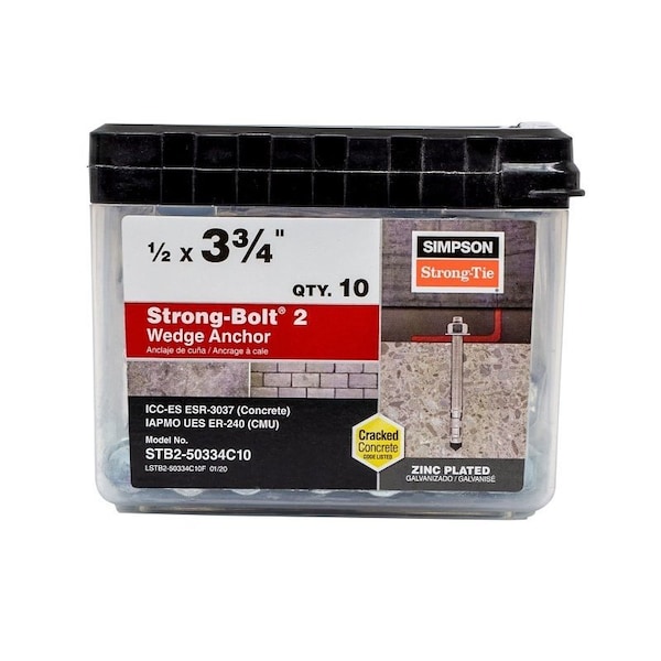 Simpson Strong-Tie Strong-Bolt 2 Wedge Anchor, 1/2 in Dia, 3-3/4 in L ...