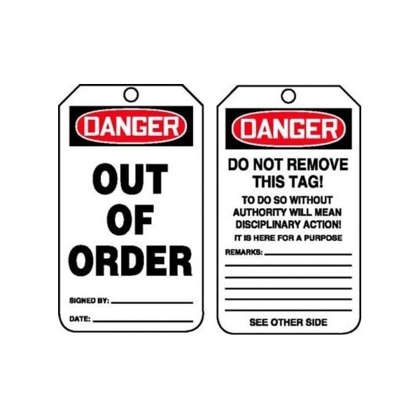 Accuform Safety Tags, DANGER OUT OF ORDER, 5.75in x 3.25in, PF ...