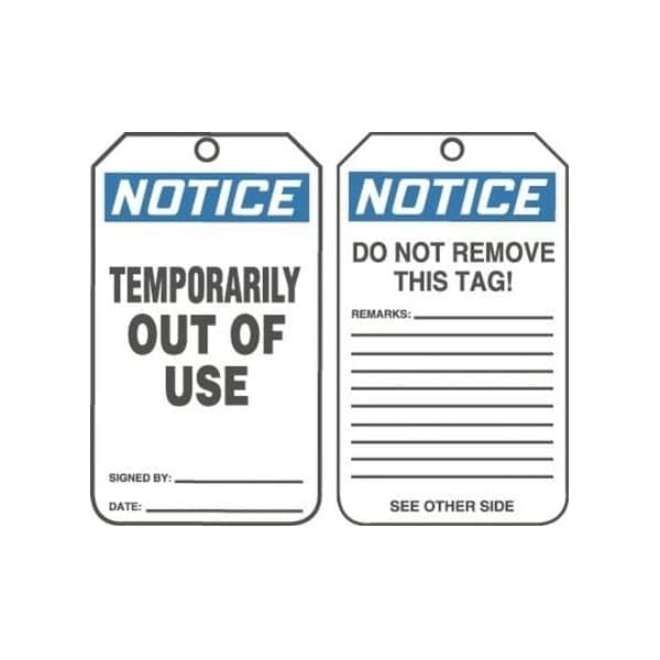 Accuform Safety Tags, NOTICE TEMPORARILY OUT OF USE, 5.75in x 3.25in ...